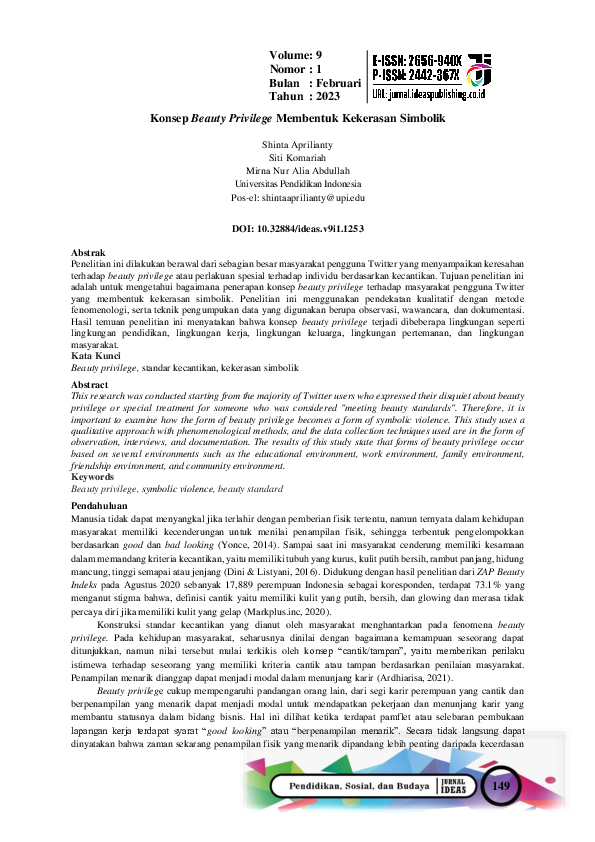 (PDF) Konsep Beauty Privilege Membentuk Kekerasan Simbolik