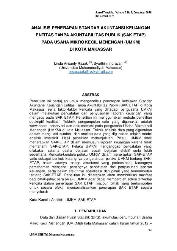 (PDF) Analisis Penerapan Standar Akuntansi Keuangan Entitas Tanpa Akuntabilitas Publik (SAK ETAP ...