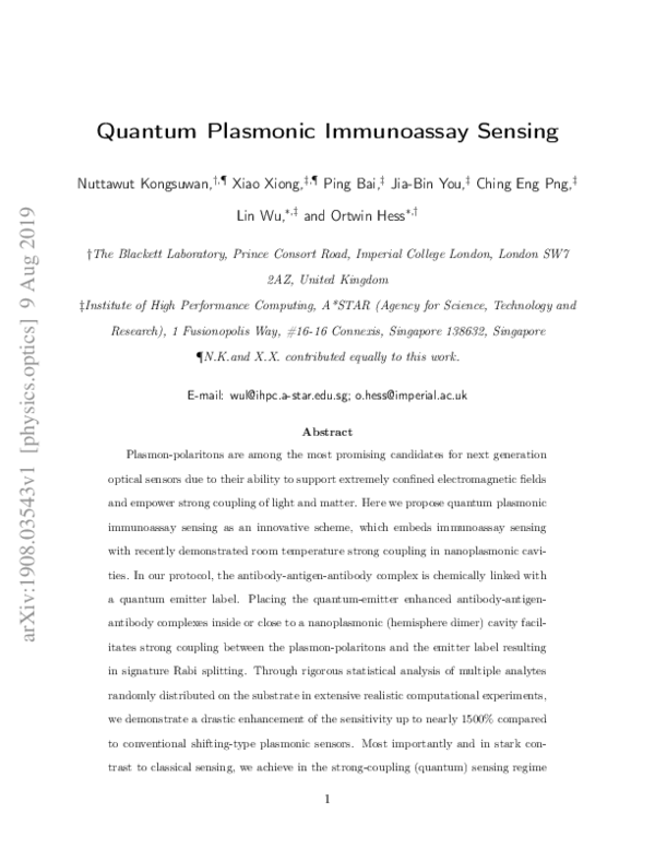 (PDF) Quantum Plasmonic Immunoassay Sensing