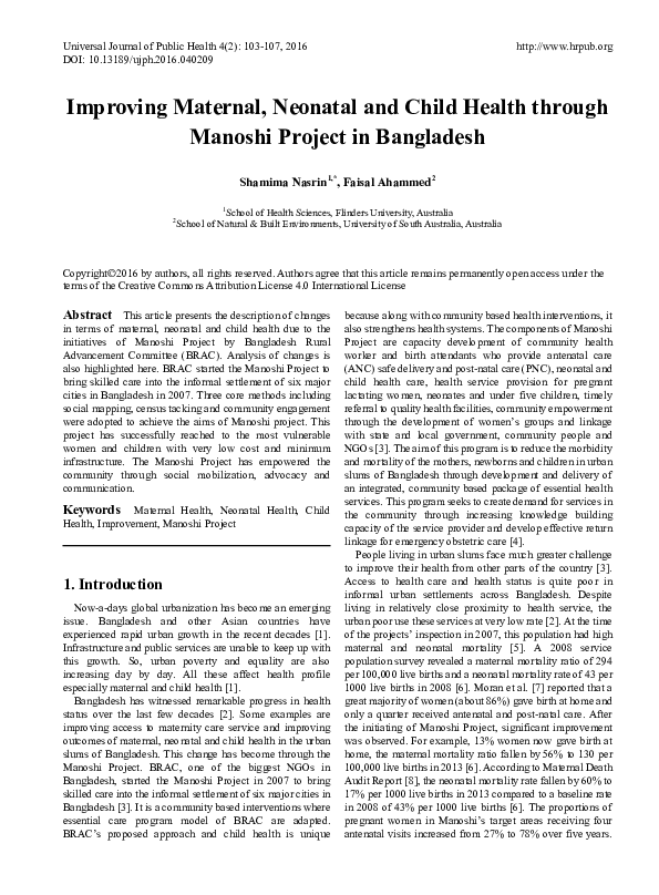 (PDF) Improving Maternal, Neonatal and Child Health through Manoshi ...