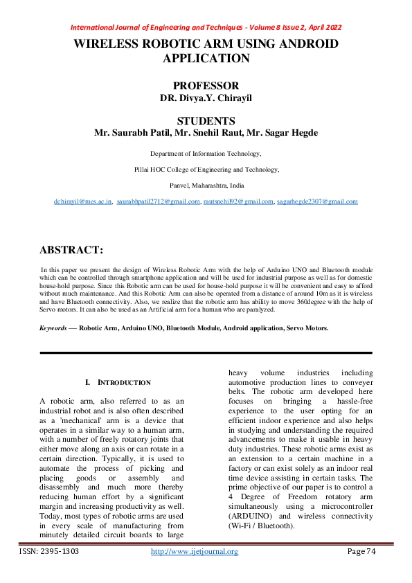 (PDF) Wireless Robotic Arm Using Android Application