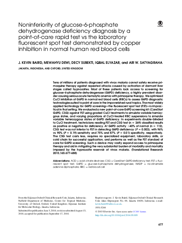 (PDF) Noninferiority of glucose-6-phosphate dehydrogenase deficiency ...