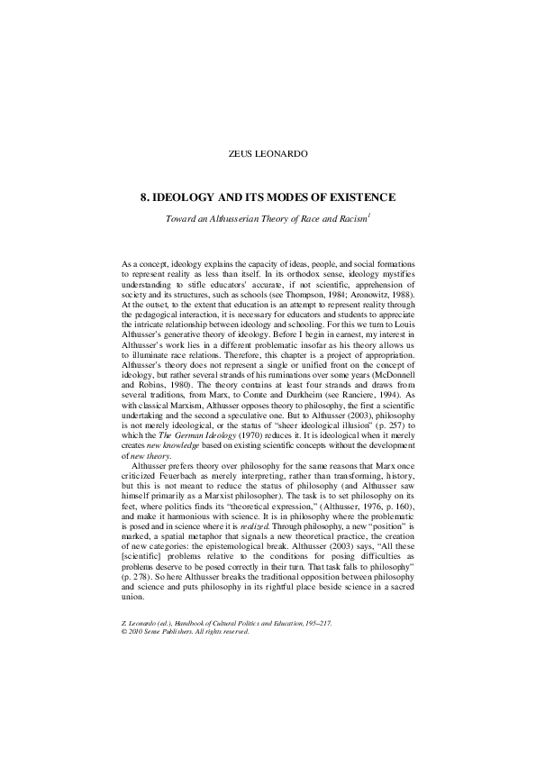(PDF) Ideology and its Modes of Existence: Toward an Althusserian ...