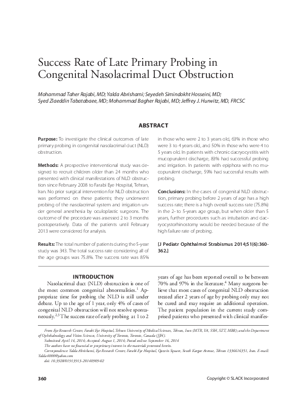 (PDF) Success Rate of Late Primary Probing in Congenital Nasolacrimal ...