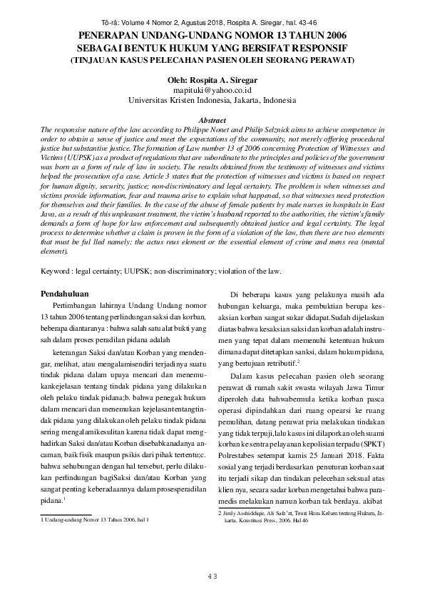 (PDF) Penerapan Undang-Undang Nomor 13 Tahun 2006 Sebagai Bentuk Hukum ...