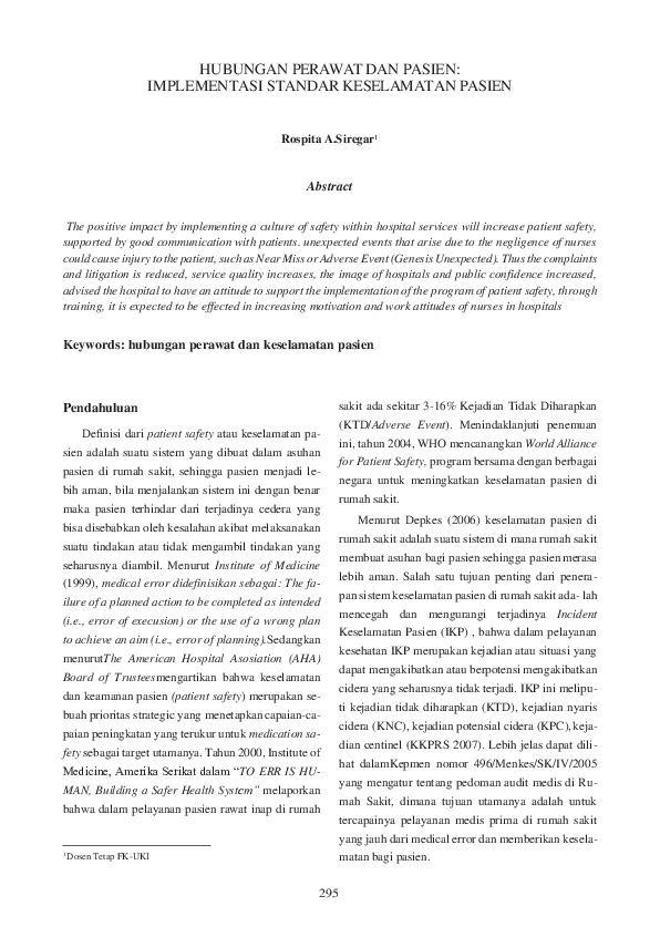 (PDF) Hubungan Perawat dan Pasien: Implementasi Standar Keselamatan Pasien