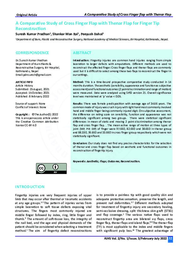 (PDF) A Comparative Study of Cross Finger Flap with Thenar Flap for ...