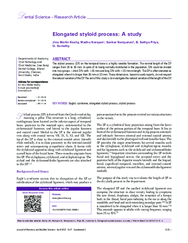 (PDF) Elongated styloid process: A study