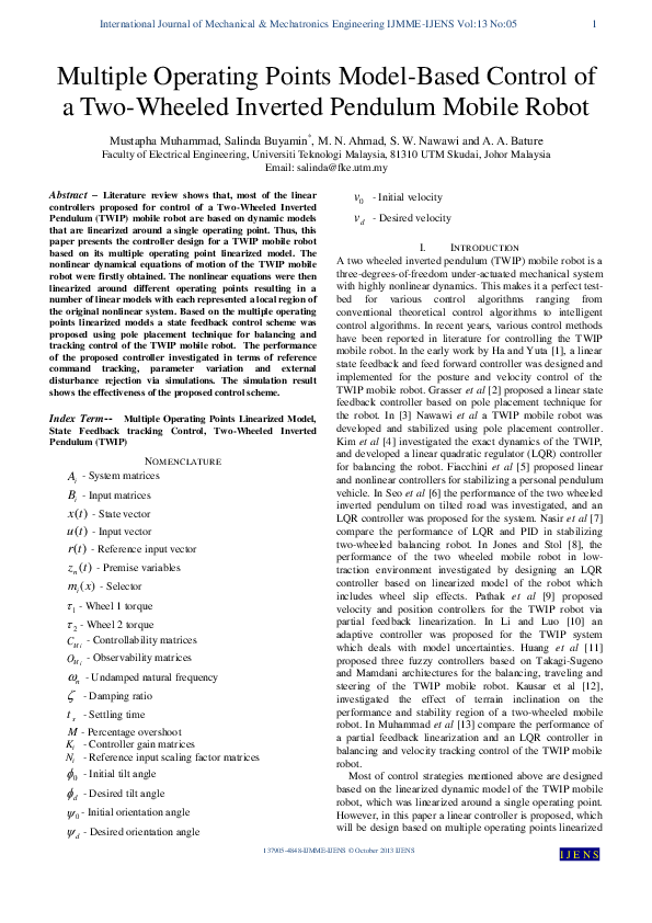 (PDF) Multiple operating points model-based control of a two-wheeled inverted pendulum mobile robot