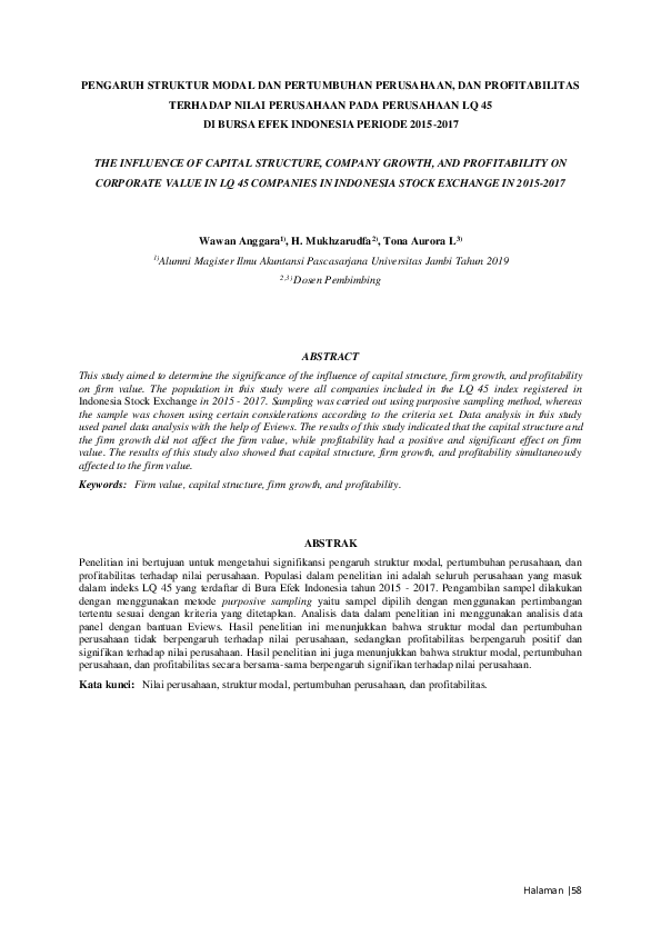 (PDF) Pengaruh Struktur Modal, Pertumbuhan Perusahaan, dan Profitabilitas Terhadap Nilai ...