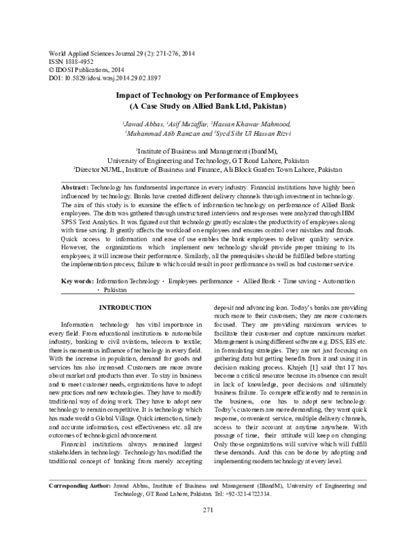 (PDF) Impact of Technology on Performance of Employees (A Case Study on Allied Bank Ltd, Pakistan)