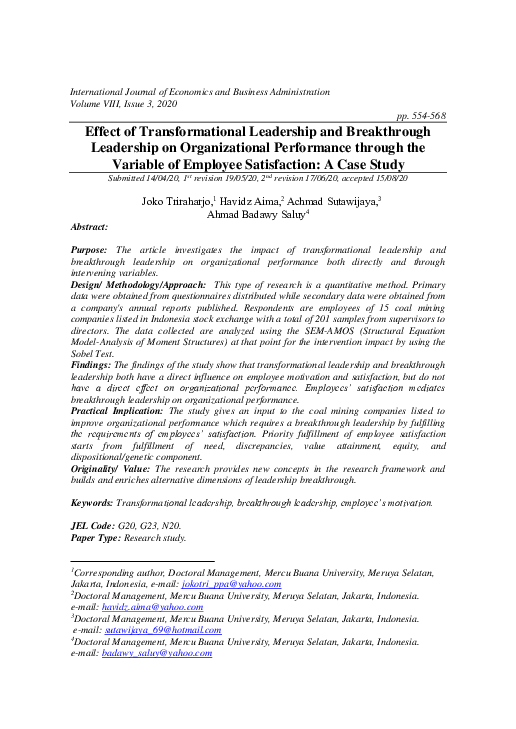 Pdf Effect Of Transformational Leadership And Breakthrough Leadership