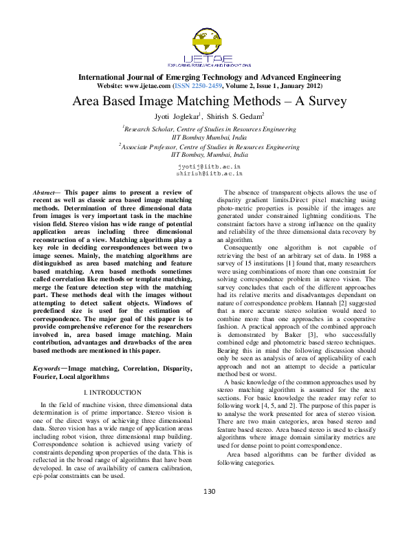 (PDF) Area Based Image Matching Methods – A Survey