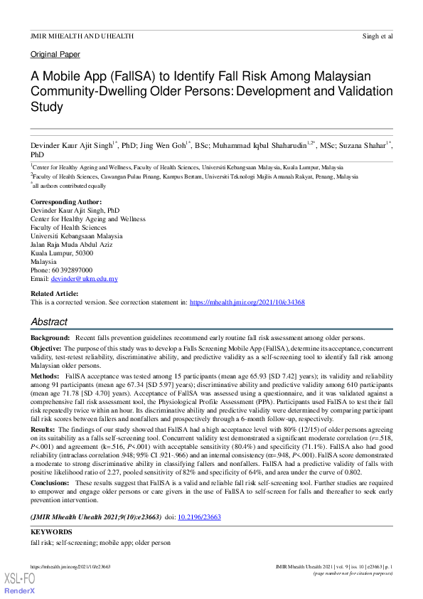 (PDF) Development and validation of a mHealth falls risk screening app ...