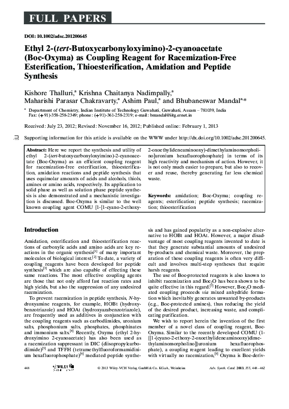 (PDF) Ethyl 2-( tert -Butoxycarbonyloxyimino)-2-cyanoacetate (Boc-Oxyma ...