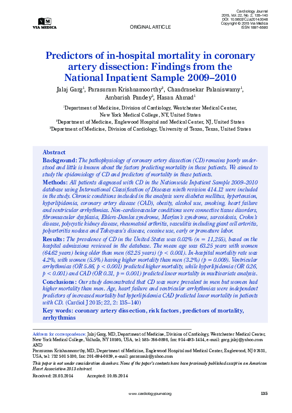 (PDF) Predictors of in-hospital mortality in coronary artery dissection ...