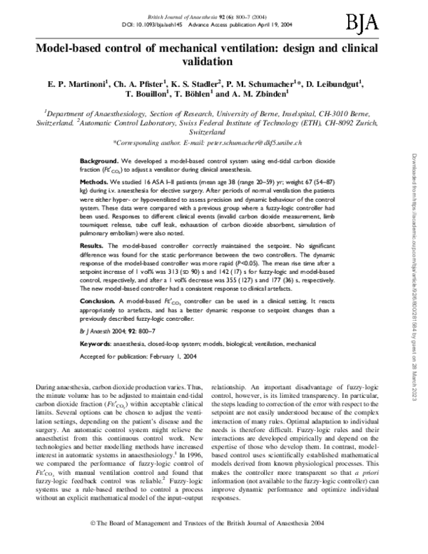 (PDF) Model‐based control of mechanical ventilation: design and clinical validation