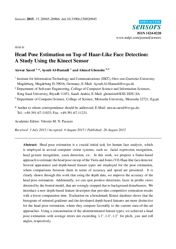 (PDF) Head Pose Estimation on Top of Haar-Like Face Detection: A Study Using the Kinect Sensor