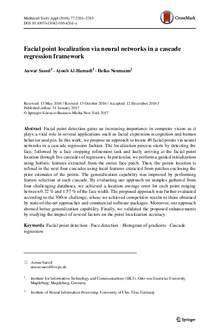 Pdf Facial Point Localization Via Neural Networks In A Cascade Regression Framework