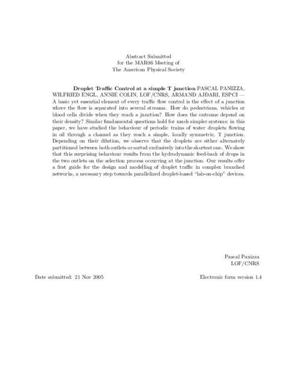 (PDF) Droplet Traffic Control at a simple T junction