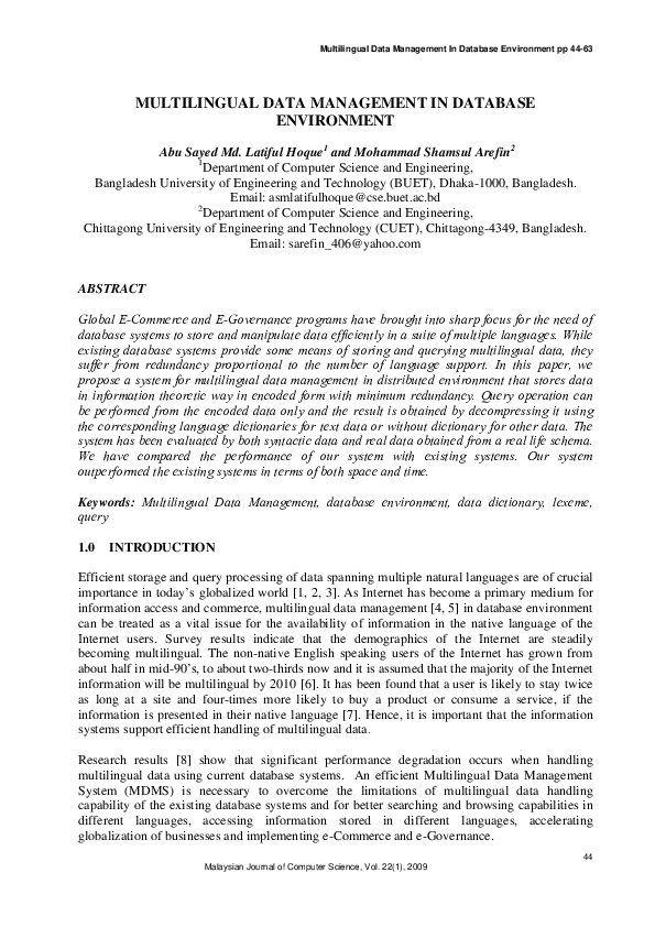 (PDF) Multilingual Data Management In Database Environment