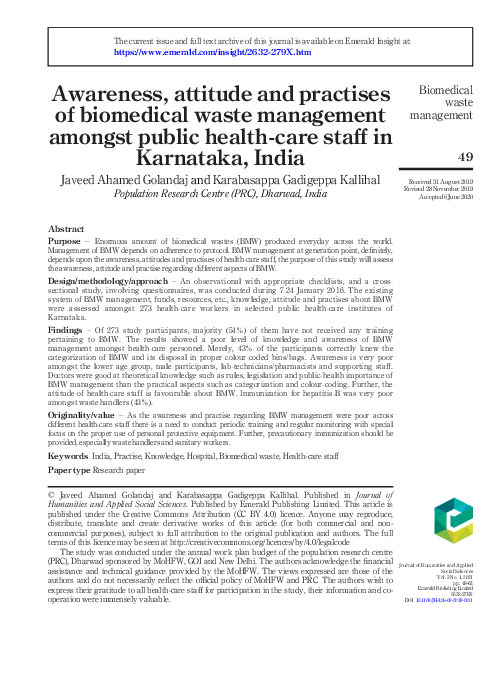 (PDF) Awareness, attitude and practises of biomedical waste management amongst public health ...