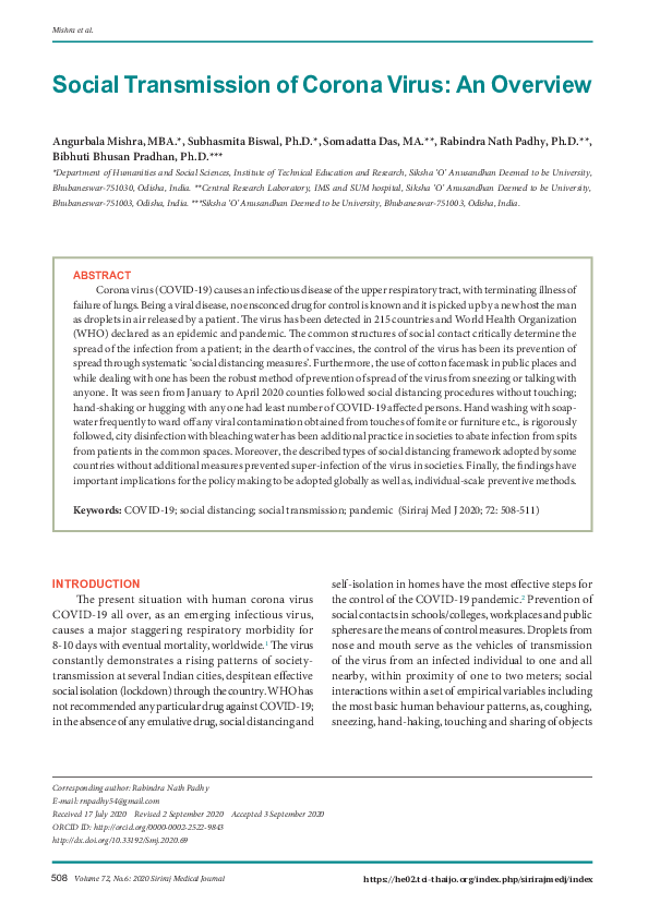 (PDF) Social Transmission of Corona Virus: An overview
