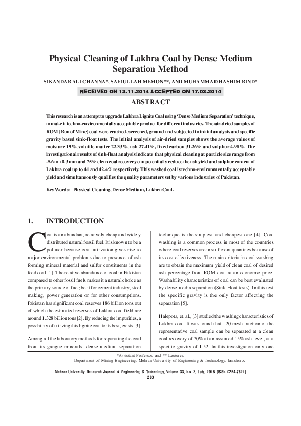 (PDF) Physical Cleaning of Lakhra Coal by Dense Medium Separation Method