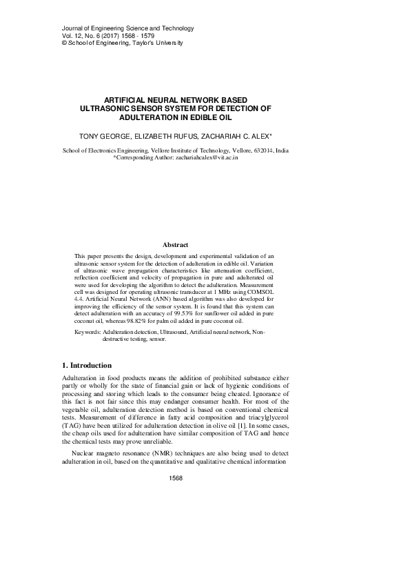 Pdf Artificial Neural Network Based Ultrasonic Sensor System For Detection Of Adulteration In