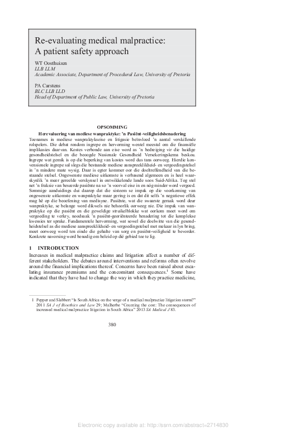 (PDF) Re-Evaluating Medical Malpractice: A Patient Safety Approach