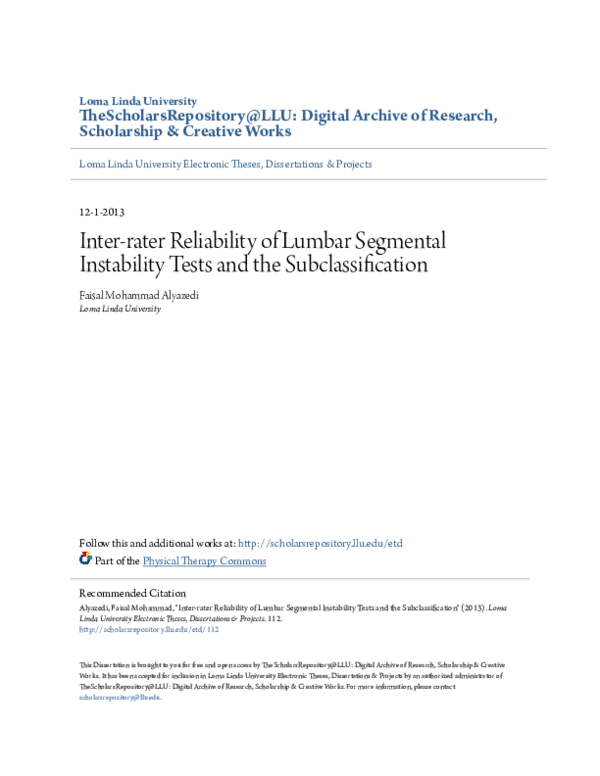 (PDF) The Inter-rater Reliability of Lumbar Segmental Instability Tests ...