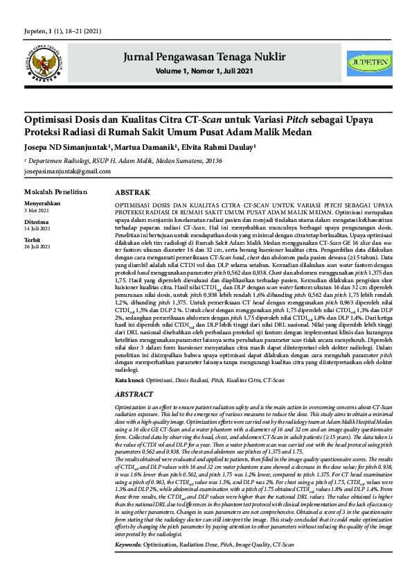 (PDF) Optimisasi Dosis dan Kualitas Citra CT-Scan untuk Variasi Pitch ...
