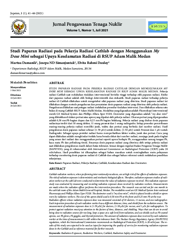 (PDF) Studi Paparan Radiasi pada Pekerja Radiasi Cathlab dengan Menggunakan My Dose Mini sebagai ...