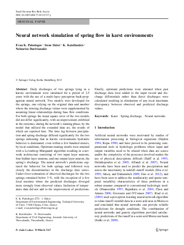 Pdf Neural Network Simulation Of Spring Flow In Karst Environments