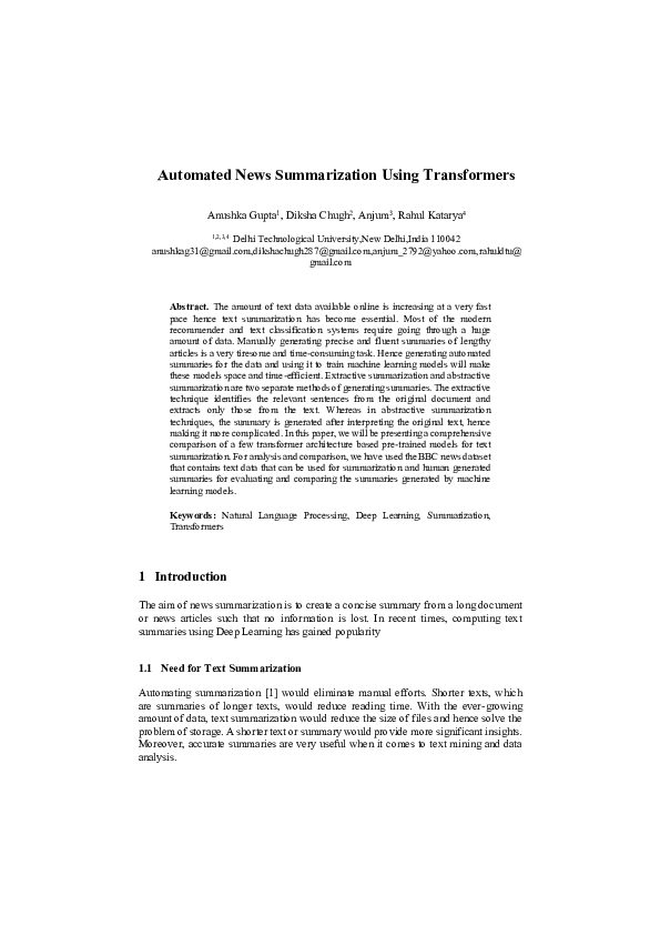 (PDF) Automated News Summarization Using Transformers