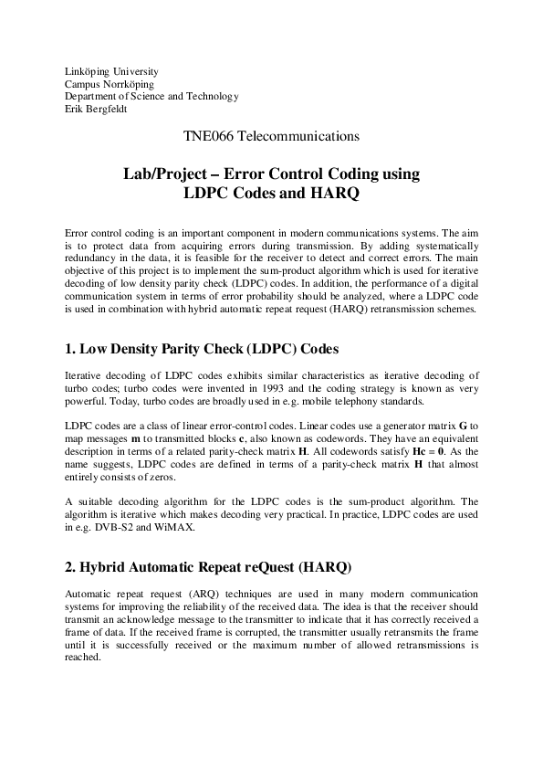 Pdf Lab Project Error Control Coding Using Ldpc Codes And Harq
