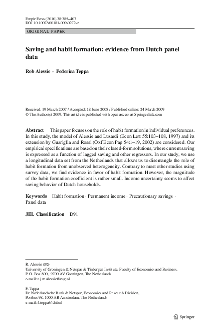 (PDF) Saving and habit formation: evidence from Dutch panel data