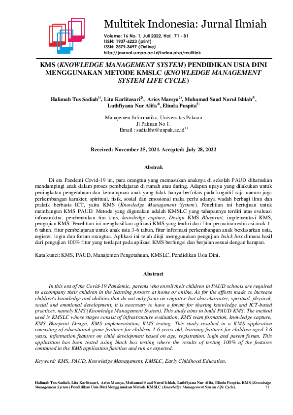 (PDF) KMS (Knowledge Management System) Pendidikan Usia Dini Menggunakan Metode KMSLC