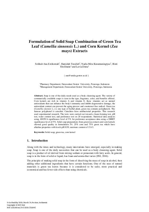 (PDF) Formulation of Solid Soap Combination of Green Tea Leaf (Camellia ...