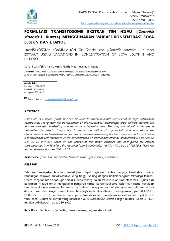 (PDF) Formulasi Transetosome Ekstrak Teh Hijau (Camellia sinensis L. Kuntze) Menggunakan Variasi ...