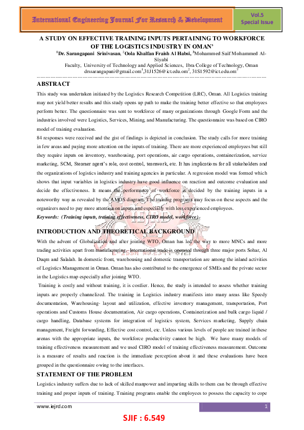 (PDF) A Study on Effective Training Inputs Pertaining to Workforce of the Logistics Industry in Oman