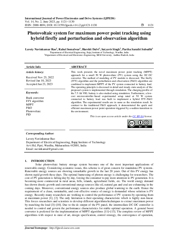 Pdf Photovoltaic System For Maximum Power Point Tracking Using Hybrid Firefly And Perturbation