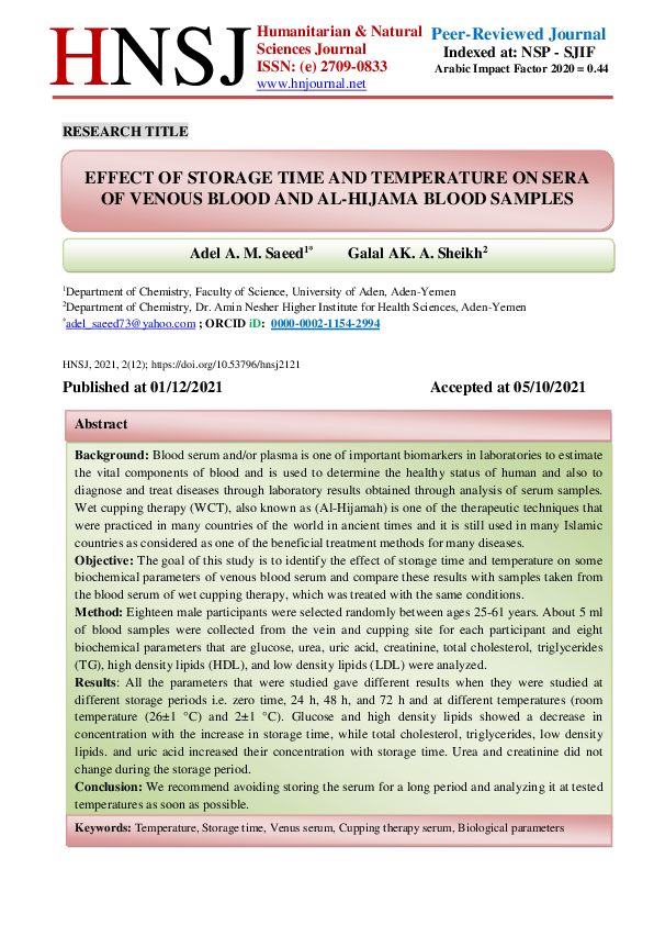 (PDF) Effect of Storage Time and Temperature on Sera of Venous Blood ...