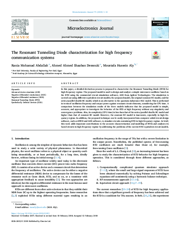 (PDF) The Resonant Tunneling Diode characterization for high frequency communication systems
