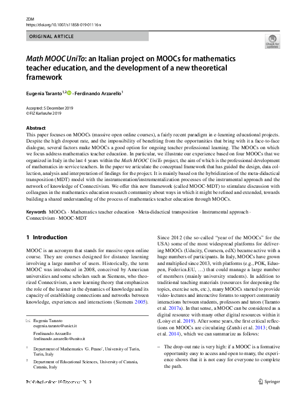 Pdf Math Mooc Unito An Italian Project On Moocs For Mathematics Teacher Education And The 