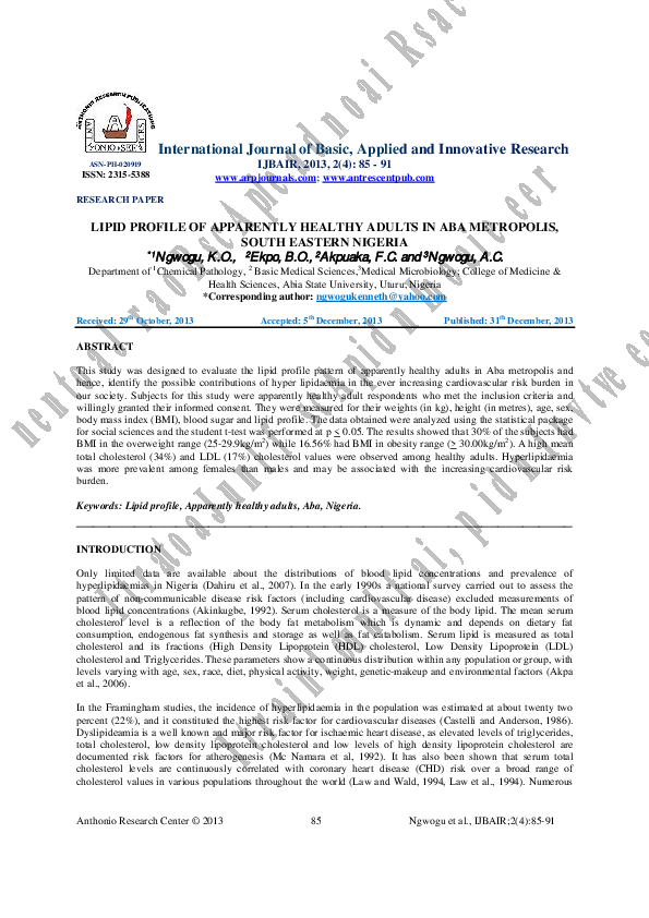 (PDF) Lipid Profile of Apparently Healthy Adults in Aba Metropolis ...