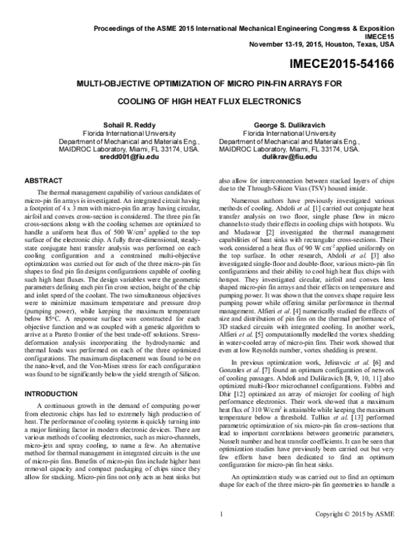 Pdf Multi Objective Optimization Of Micro Pin Fin Arrays For Cooling