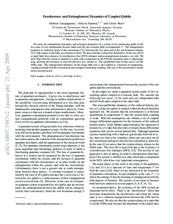 (PDF) Entanglement dynamics of coupled qubits and a semi-decoherence free subspace