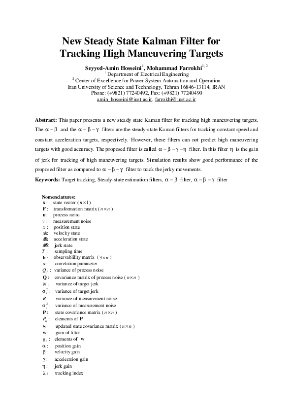 (PDF) New Steady State Kalman Filter for Tracking High Maneuvering Targets