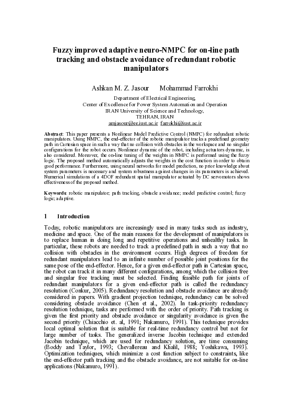 (PDF) Fuzzy improved adaptive neuro-NMPC for online path tracking and obstacle avoidance of ...